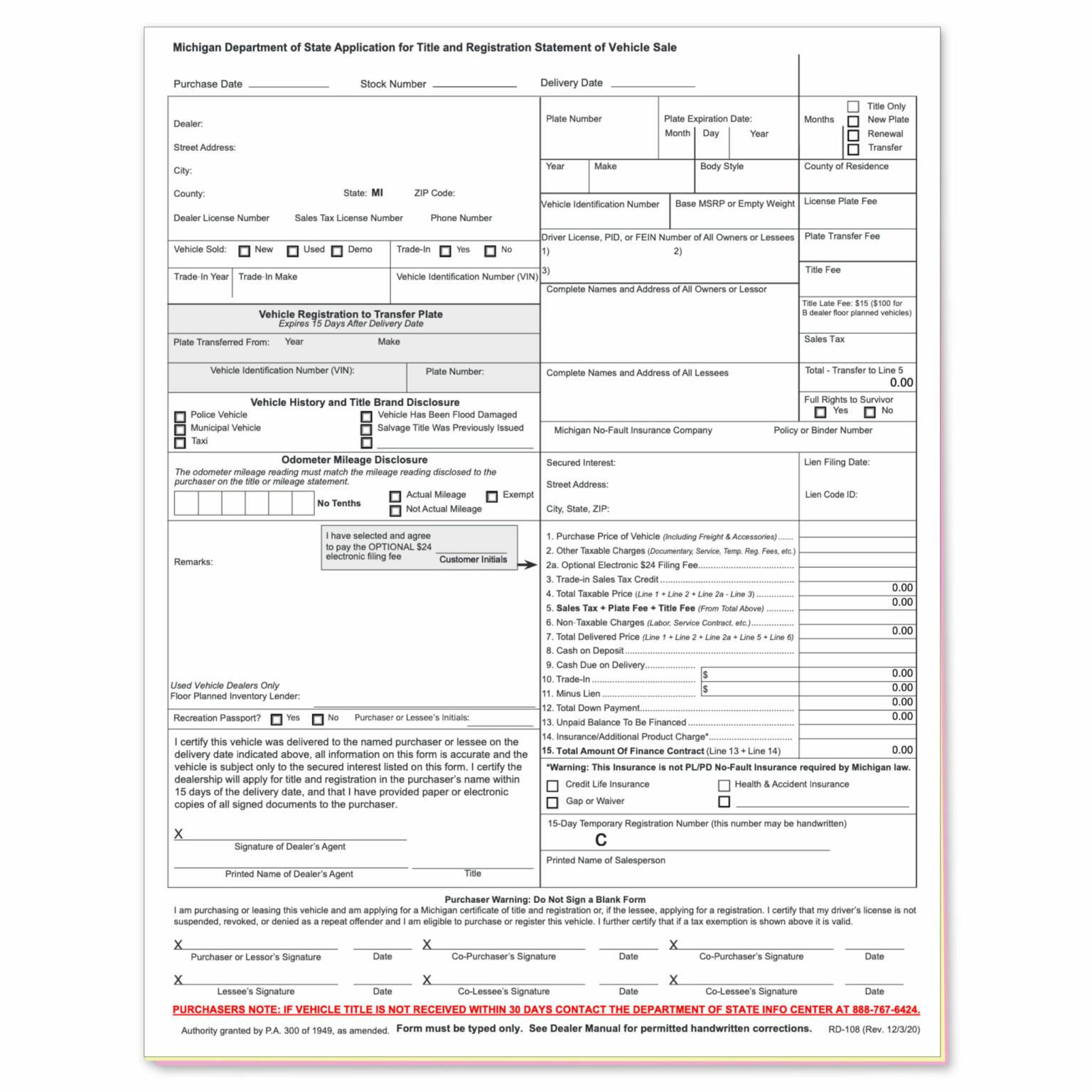 Application For Michigan Title - Dealers Supply Company