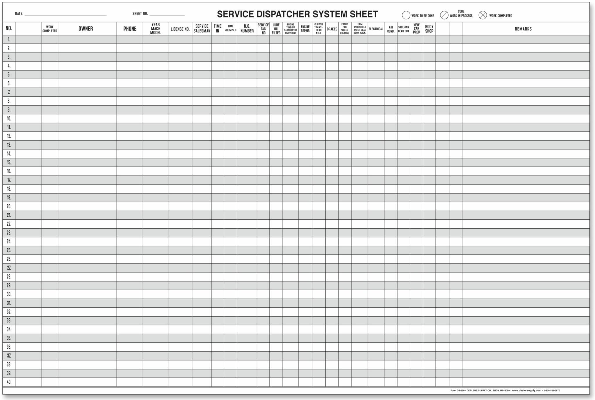 DS-550 Service Dispatcher Shhets