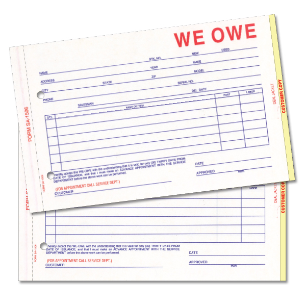 We Owe Forms (DS-517) - Dealers Supply Company
